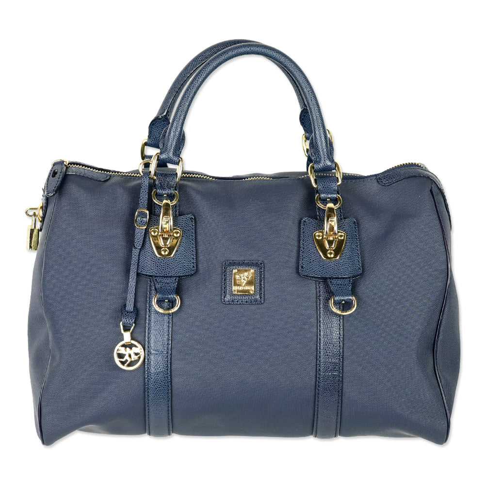 Piero Guidi Blue Coated Canvas Top Handle Satchel | DBLTKE Luxury ...