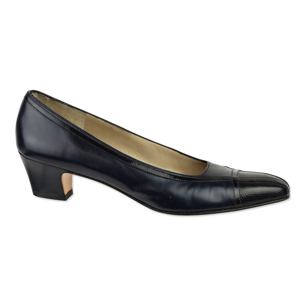 Salvatore Ferragamo Black Calf/Lizard Block Kitten Pump | DBLTKE Luxury ...